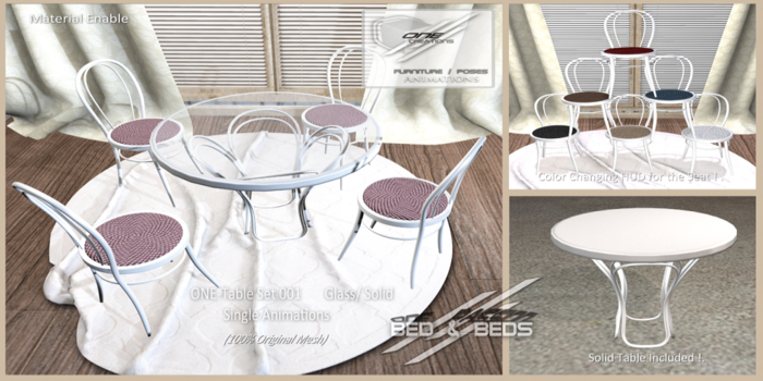 Second Life Marketplace - ONE-Table SET 001 (WHITE) - Glass /Solid